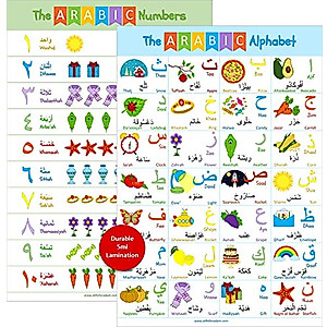 Akross Kultures Laminated Arabic Alphabet Poster - With Numbers - for Kids - Classrooms - Set of Two - 13" x 19" - Alif to Yaa Illustrations