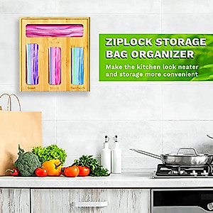 TrueBest Ziplock Bag Organizer for Kitchen Drawer - Food Bag Storage Ziplock Organizer- Sliding Lid for Easy Refill-Natural Bamboo Kitchen Zip Lock Bag Organizer for Gallon, Quart, Sandwich, Snack Bags - Plastic Bag and Baggie Dispenser Holder (Bamboo)