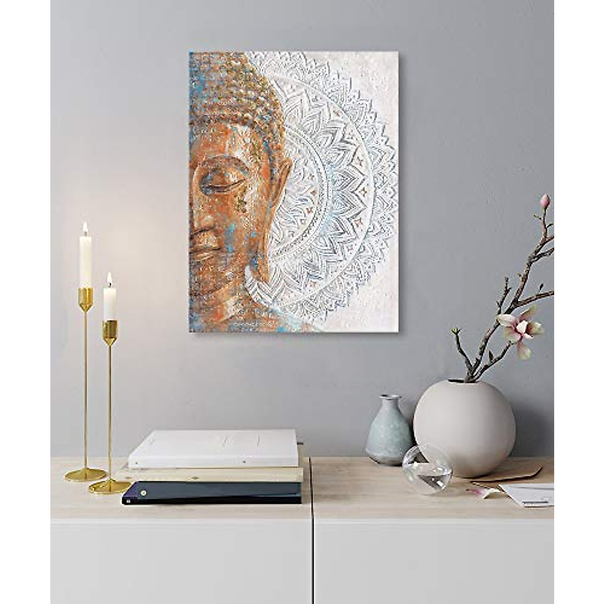 B BLINGBLING Gold Buddha Canvas Wall Art: 3D Mandala Flower Blossom Buddha Painting with Gold Foil Reproduction Print on Blue Canvas Wrapped and Ready for Hang 24"x32"