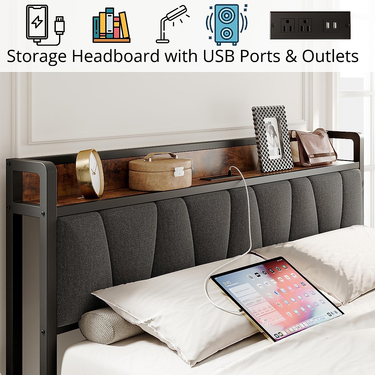 LIKIMIO Twin Bed Frames, Storage Headboard with Charging Station, Solid and Stable, Noise Free, No Box Spring Needed, Easy Assembly