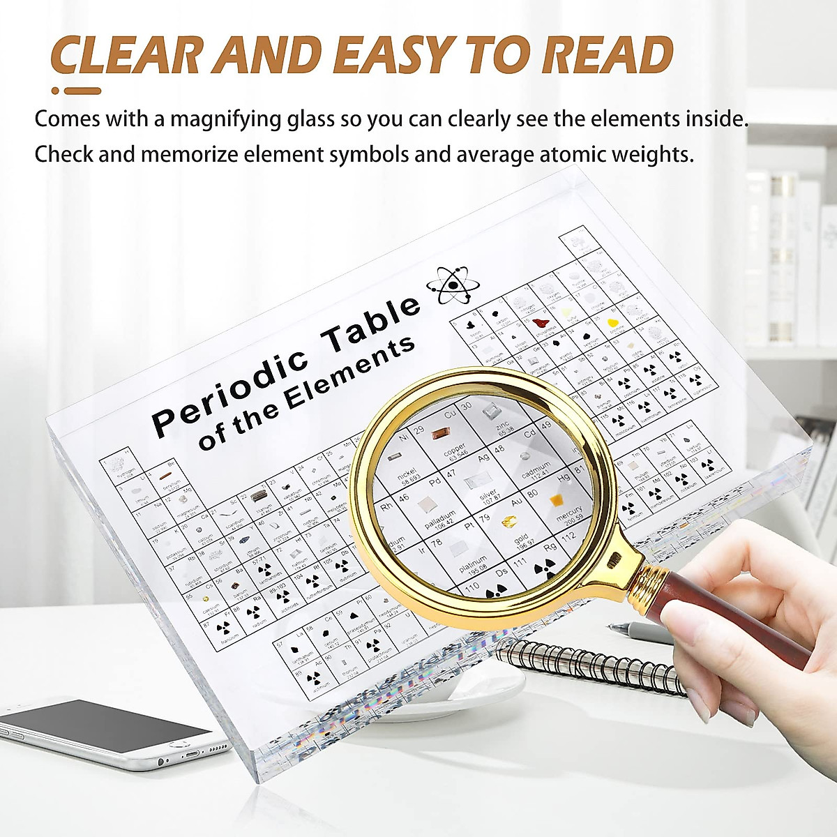 OCTAOR Periodic Table of Real Elements, Wooden Base with RGB Lighting and Magnifying Glass, Student Chemistry Learning Tool, Larger Size Acrylic Science Gift and Craft (8.3 x 5.5 inch)