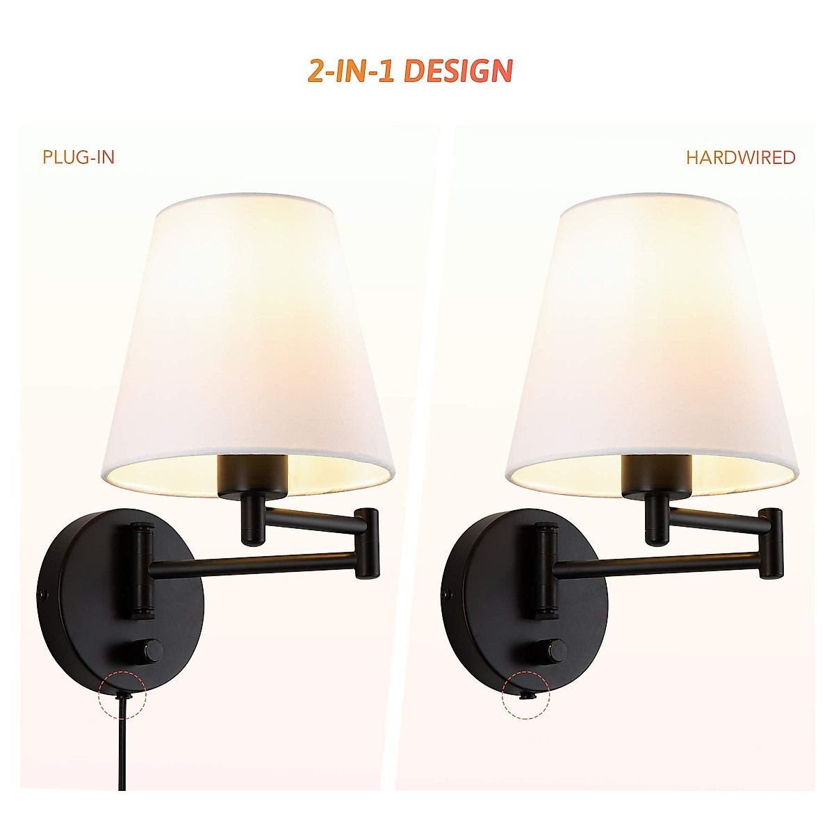 VONLUCE Modern Swing Arm Wall Mount Light Plug in, Corded Wall Lamps with White Fabric Shade, Black Metal Adjustable Wall Sconce, Wall Mount Lamp for Bedroom, Living Room, Bedside