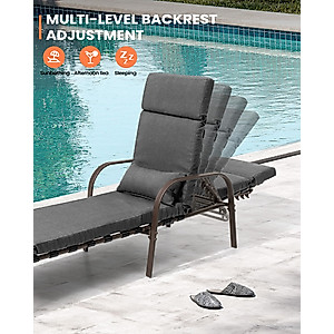 Pellebant Patio Chaise Lounge Chair with Cushion, Adjustable Lounge Chair with 5 Positions, Outdoor Recliners All Weather for Pool, Beach and Yard, 2 Pcs,Dark Grey