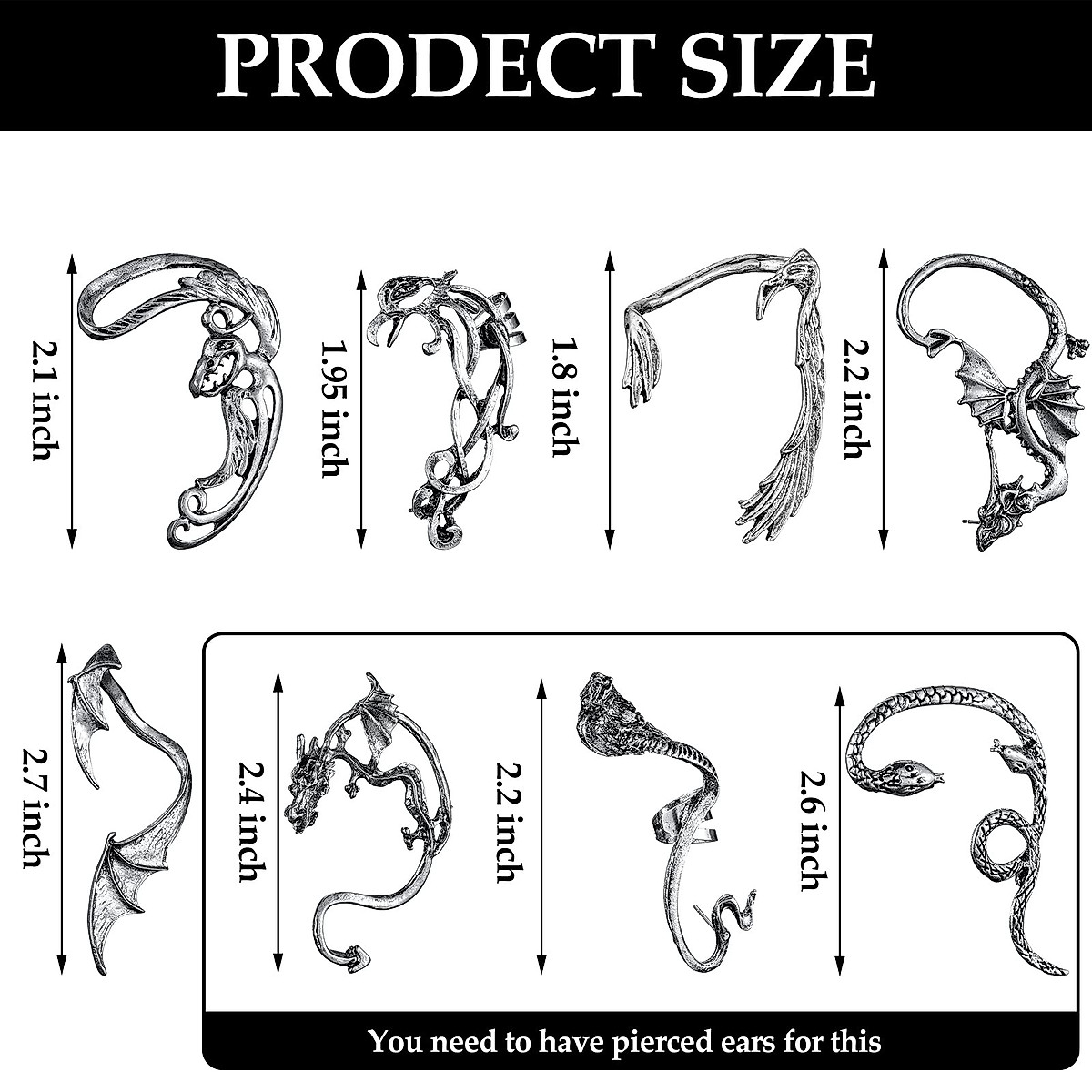8 Pcs Punk Earrings Dragon Ear Cuff Vintage Retro Snake Bat Crow Ear Climber Earrings Gothic Ear Clip Wrap for Women Men Party Dress