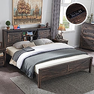 T4TREAM Farmhouse Queen Bed Frame Dark Rustic Oak