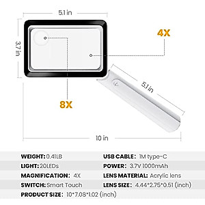 ANBULL 4X 8X Rechargeable Magnifying Glass with Light, 20 Anti-Glare Dimmable LEDs, Handheld 4.5''*2.7'' Rectangular Page Lighted Magnifying Glass for Close Work, Seniors Reading, Low Vision