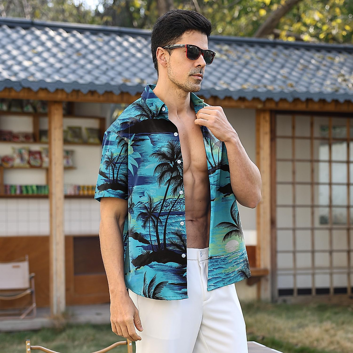 Rioofinx Hawaiian Shirt for Men Sleeves Printed Casual Button Down Summer Beach Dress Shirts Green