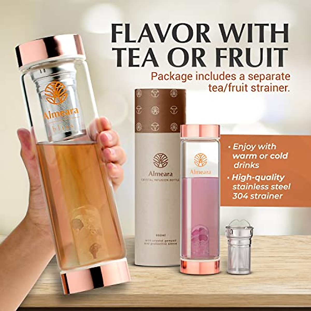 Almeara Crystal Water Bottle with Authentic Amethyst, Rose Quartz & Clear Quartz Removable Gemstones, Loose Leaf Tea Infuser - Relaxation, Healing & Spiritual Gifts for Women - Witchcraft Supplies