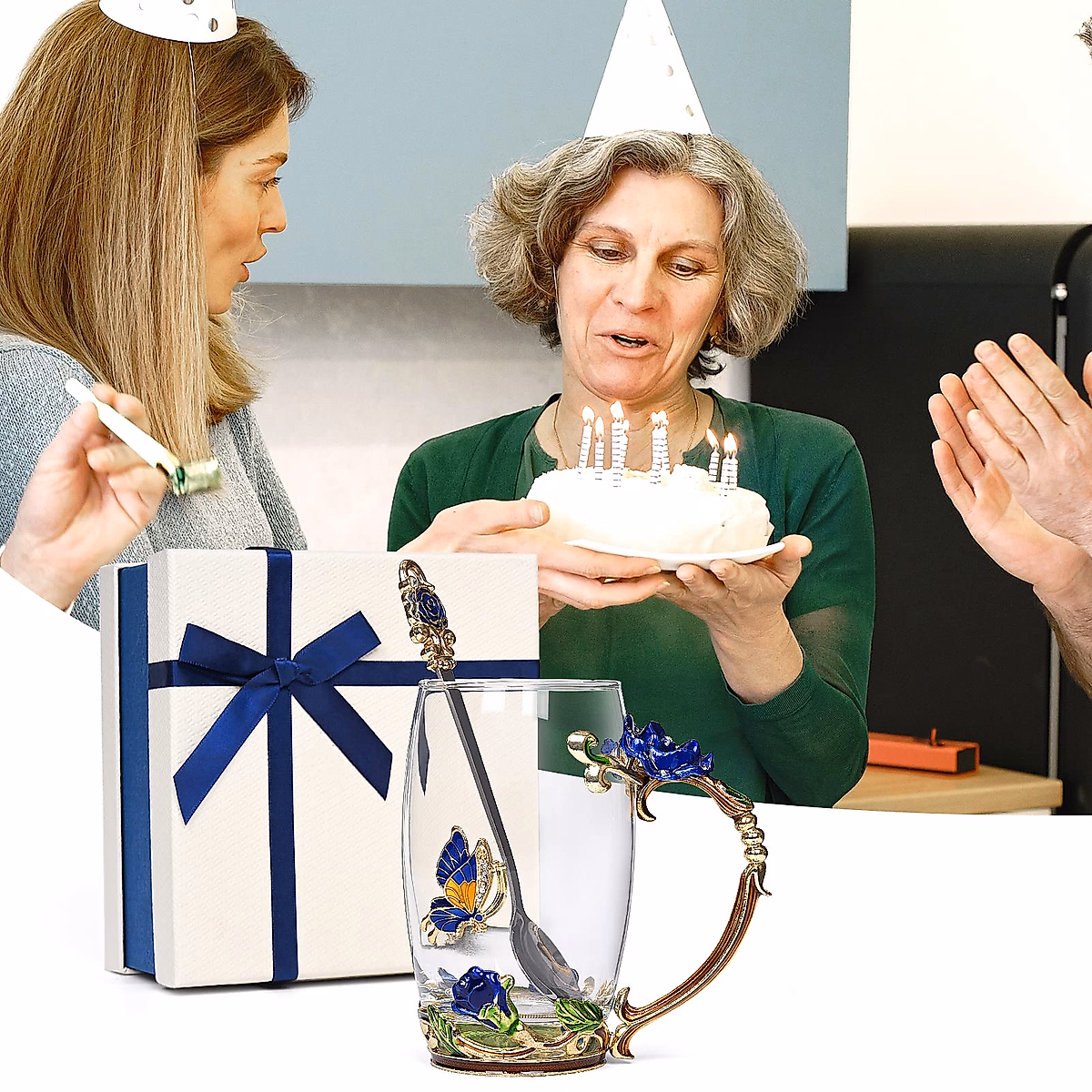 YHRJWN - Gifts for Women, Enamel Flower Butterfly Tea Cup, Tea Mugs for Women Mom Friends Sister, Mothers Day Birthday Christmas Valentines Day Gifts for Women Her 12 Oz with Spoon Gift Box(Blue Rose)