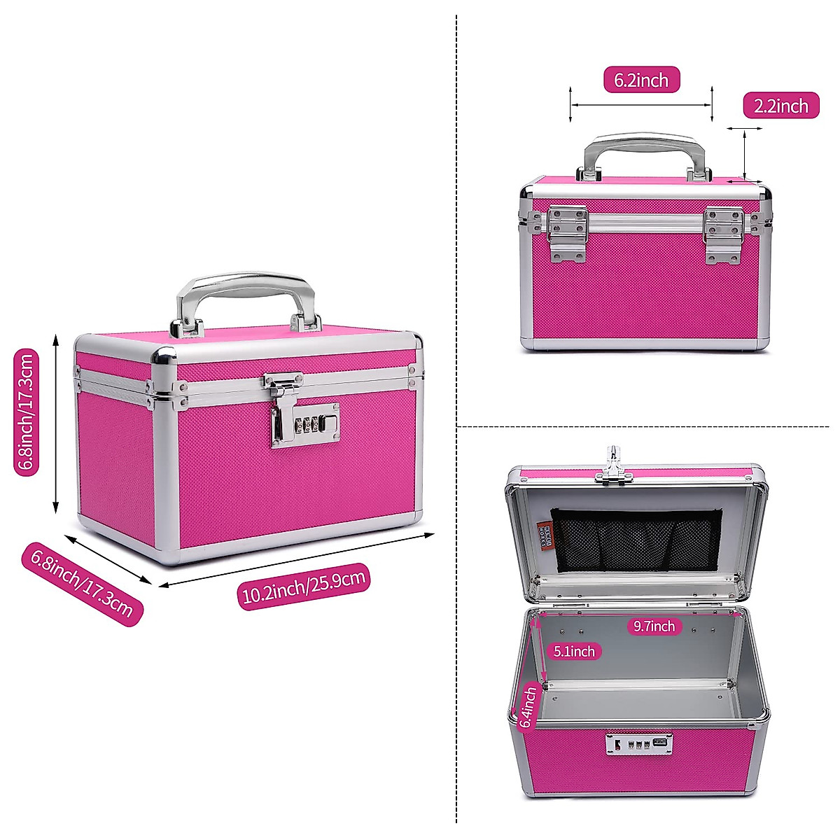 Combination Locking Medication Box with Portable Storage Case, 10.2''x 6.8''x 6.8'', Childproof Medicine Lock Organizer, Lockable Box for Documents & Valuables (Pink/Small)