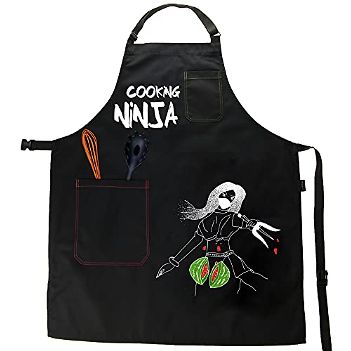 Cute Black Kitchen Bib Apron For Women and Men - With 2 Pockets and Graphic - Multi-sized - For Chefs and Home Cooking - Water Resistant - Gift Box Cooking Ninja Apron for Women