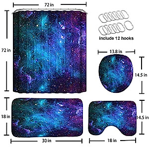 Universe Outer Space Theme 4 Pcs Toilet Lid Cover Bath Mat, Starry Galaxy Shower Curtain Set with Rugs, Flower Shower Curtain with 12 Hooks, Shower Curtain for Bathroom (Starry Sky)