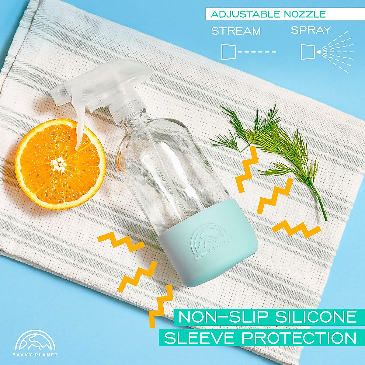 SAVVY PLANET - Glass Spray Bottles for Cleaning, Silicone Sleeve Bottom for Protection, Reusable Glass Spray Bottles 16 Oz With Adjustable Nozzle Settings (2 Pack)