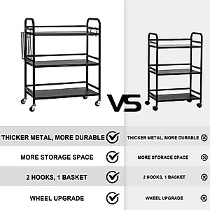 HDANI 3 Tier Metal Rolling Utility Cart,High Capacity Multi Purpose Heavy Duty Cart,for Office,Kitchen,Living Room,Bedroom,Etc.(Black)