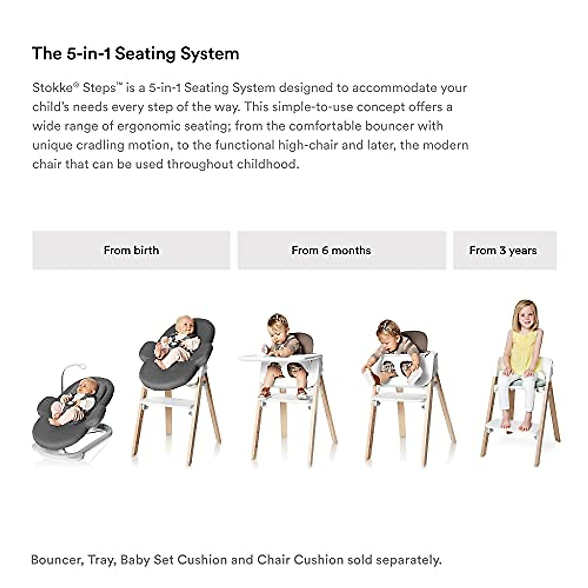 Stokke Steps High Chair - Hazy Grey Legs & White Seat - 5-in-1 Seat System - Includes Baby Set - Suits Babies 6-36 Months - Chair Holds Up to 187 lbs. - Tool Free & Adjustable