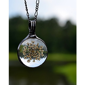 Handmade Queen Annes Lace Necklace - Wildflower in Glass Pendant - Artisan Jewelry Gift for Women - Real Pressed Flowers,