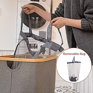 FairyHaus Laundry Basket with Lid, Freestanding Large Laundry Hamper with Lid, Removable Bag & Support Rods, Collapsible Dirty Clothes Hampers for Laundry with Easy Carry Bamboo Handles, Tall, Grey