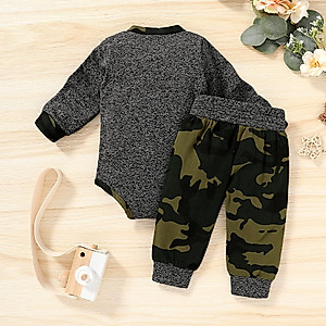 Newborn Baby Boy Fall Clothes Infant Plaid Long Sleeve Button Romper and Pants Set Winter Outfits 0-18 Months (Baby Camouflage Outfits, 3-6 Months)