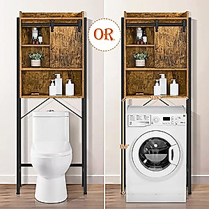 Topeakmart Over The Toilet Storage Cabinet with Slide Rail, Space-Saving Organizer Rack with Cupboard and Adjustable Shelves for Bathroom, Rustic Brown