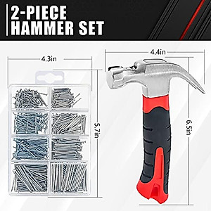 C&T 2-Piece Hammer Set, 560PCs Hardware Nail Assortment Kit & 2pc 8oz Small Claw Hammer, Mini Hammer with Anti-Slip Handle, Anti-Corrosive Galvanized 280 Picture Hanging Nails & 280 Finishing Nails