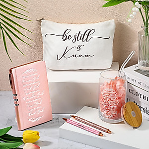 Spakon 6 Pcs Christian Gifts for Women Bible Verse A6 Leather Journal Notebook 16 oz Glass Cup Glitter Ballpoint Pen Makeup Bag Inspirational Gifts Sunday School Teacher Appreciation Day(Rose Gold)