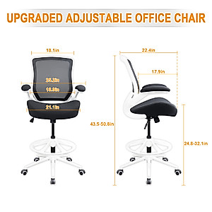 BOJUZIJA Ergonomic Drafting Chair,Standing Computer Desk Chair,Foot Ring,with Flip-Up Arms,Lumbar Support Swivel Computer Task Chair-Black