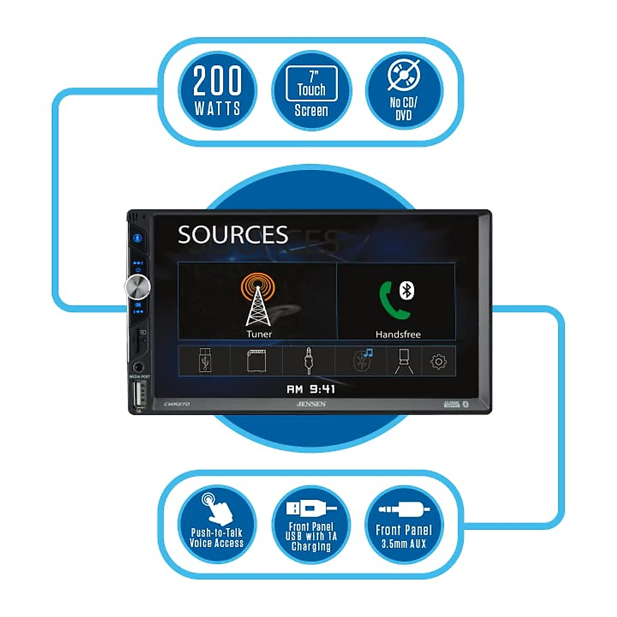 Jensen CMR270 7-inch LED Digital Media Touch Screen Double DIN Car Stereo | Push to Talk Assistant | Backup Camera Input | Bluetooth | USB Fast Charging | microSD | No CD/DVD