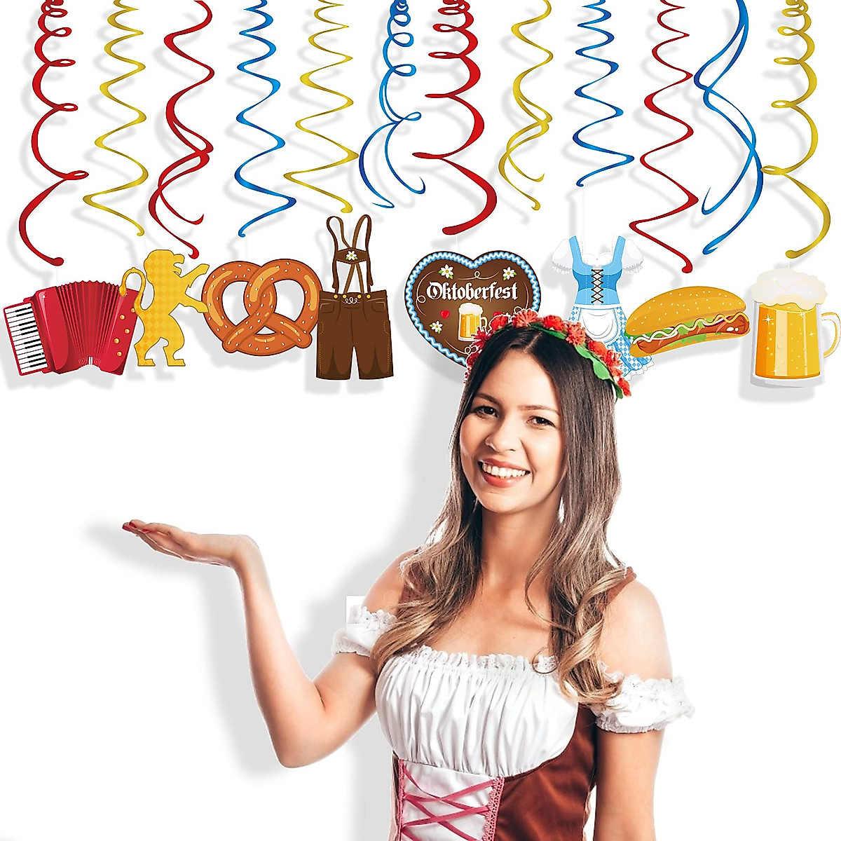 The Munich Oktoberfest Swirl Decorations,German Oktoberfest Party Hanging Whirl Streamers,Wiesenbier Party Supplies,Sausage,Beer,Gold Dress,Leather Pants Hanging Decorations for Party Together