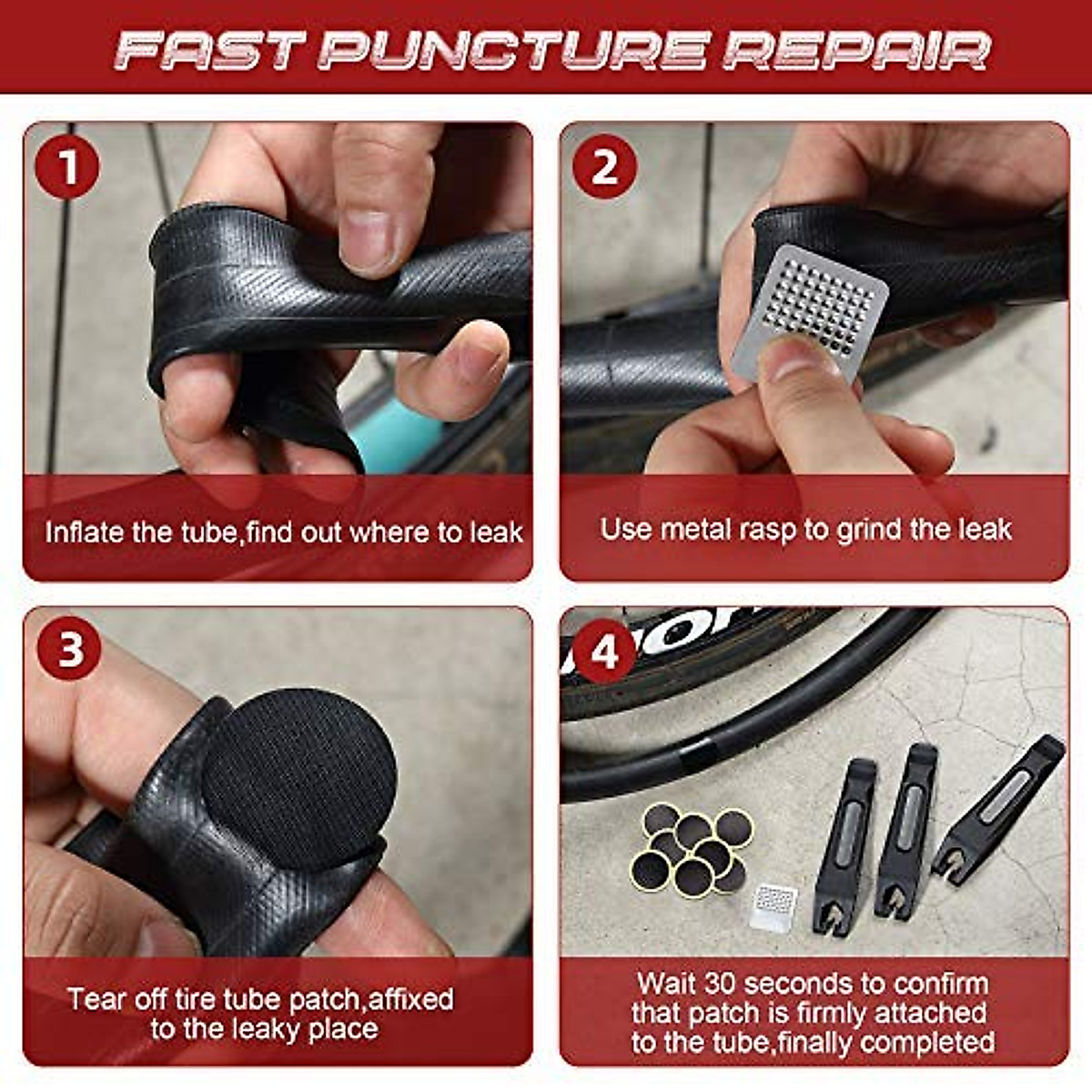 40 Pieces Bicycle Tire Repair Kit Includes 36 Pieces Glueless Bike Tube Patches Self Adhesive Bicycle Tire Patches Included Round Square Rectangle and 4 Pieces Metal Rasps for Road Mountain Bikes