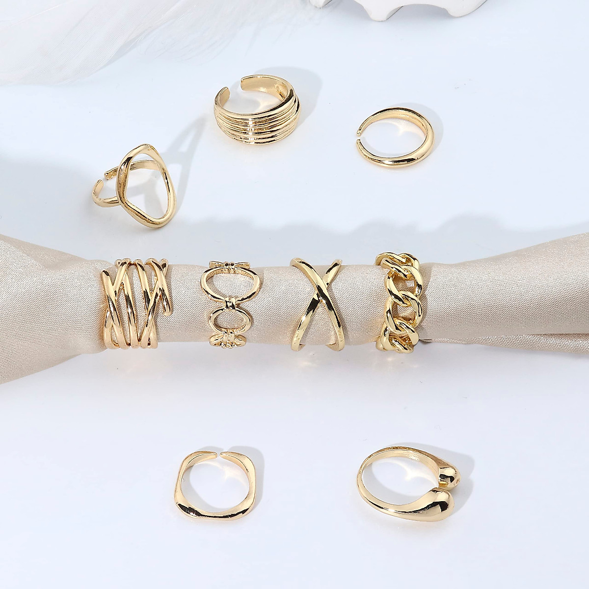 HAIAISO 16Pcs Gold Done Chunky Rings for Women 18K Gold Plated Adjustable Braided Twisted Round Signet Statement Rings Open Stackable Rings set Size 5-9