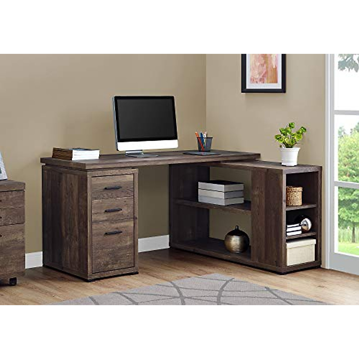 Monarch Specialties Computer Desk L-Shaped Corner Desk with Storage - Left or Right Facing - 60" L (Brown Reclaimed Wood Look) & I 7400 Filing Cabinet, 18.25" L x 17.75" W x 25.25" H, Brown