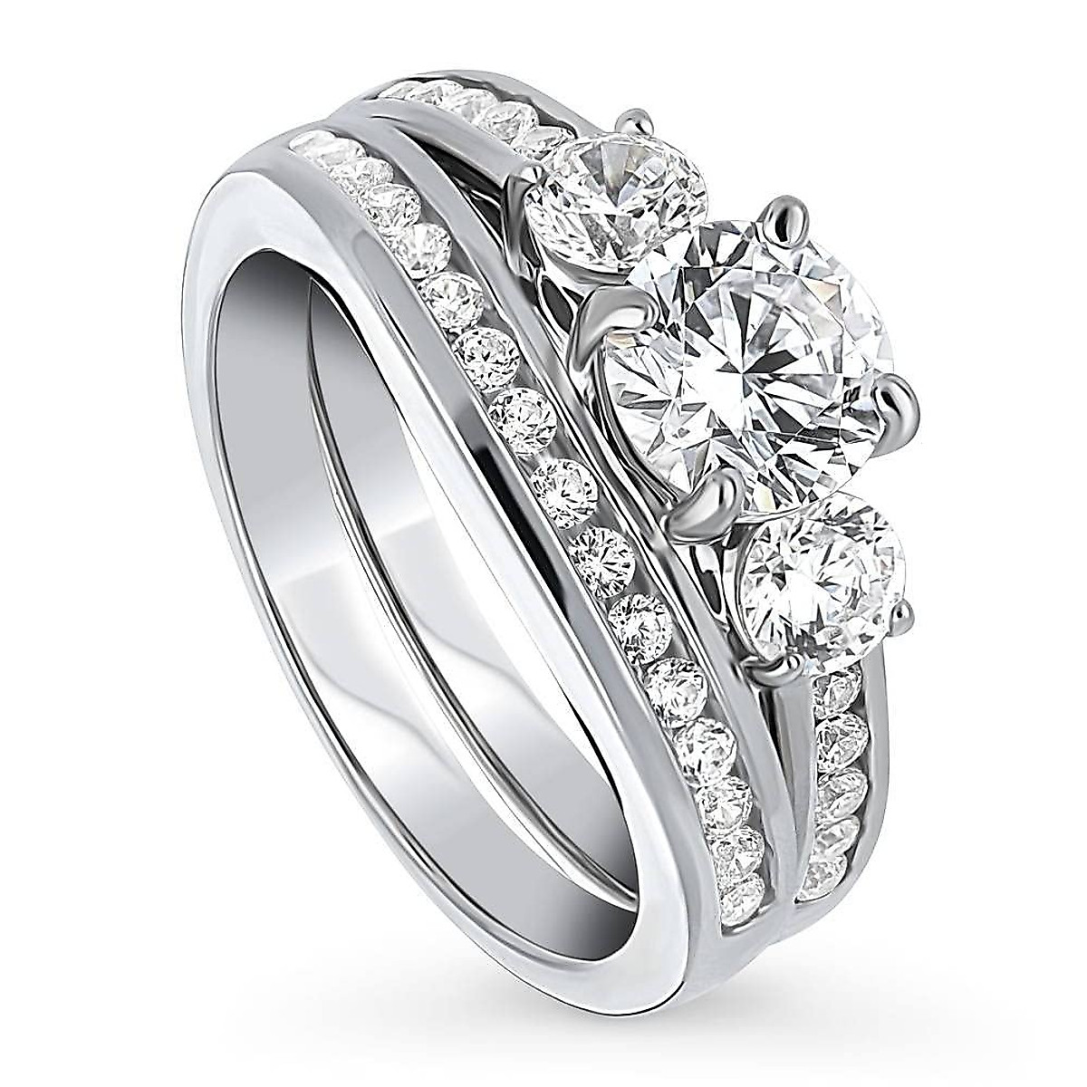 BERRICLE Sterling Silver 3-Stone Wedding Engagement Rings Round Cubic Zirconia CZ Ring Set for Women, Rhodium Plated Size 6.5