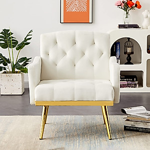 Antetek Upholstered Velvet Accent Chair, Modern Armchair Single Sofa Arm Chair with Golden Metal Legs, Tufted Lounge Reading Chair for Living Room, Bedroom, Office, Light Beige