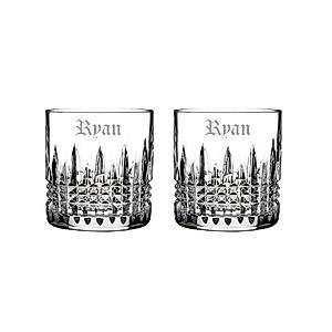 Waterford Personalized Lismore Connoisseur Diamond Straight Sided Tumblers, Set of 2 Custom Engraved Cut Crystal Rocks Glasses for Scotch, Bourbon, Whiskey