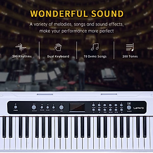 Lankro 61 Key Keyboard Piano Electric Keyboard Kit Lighted Keys With LCD Display, Microphone, Power Supply, Audio Cable, Piano Key Stickers, White