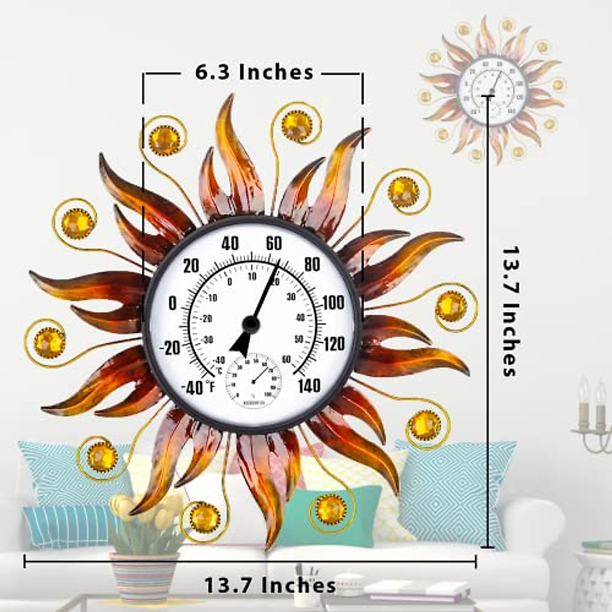 HOBYLUBY 13" Indoor Outdoor Thermometer, Sun Wall-Mounted Thermometer with Humidity, Easy to Read Decorative Outside Thermometer for Patio, Garden, No Require Batteries