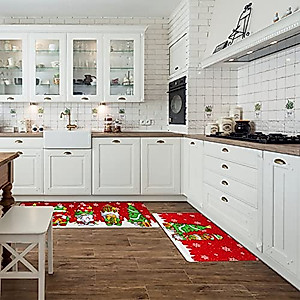 Libaoge Kitchen Mat Rug Set of 2 Christmas Gnome Xmas Tree Snowflake Red Runner Rug Anti-Fatigue Comfort Memory Foam Standing Mat Non-Slip Floor Door Mat for Bathroom Bedroom 20x32in+20x63in