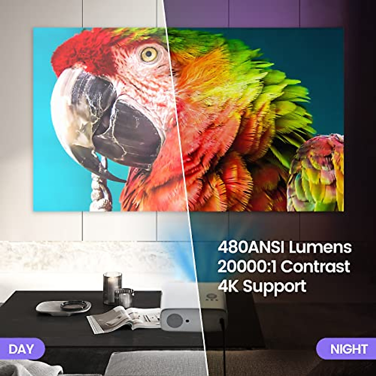 Movie Projector 4K Supported, Native 1080P Bluetooth 480ANSI Outdoor Projector 5G WiFi, WiMiUS S26 Home Theater 300'' Display Compatible with iOS/Android/TV Stick/PS5