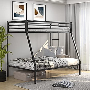 Giantex Bunk Bed Twin Over Full Size, Metal Bunk Bed w/Removable Ladder & Steel Frame Support, Space-Saving Triple Bunk Bed for Boys Girls Adults, Noise Free, No Box Spring Needed, Black