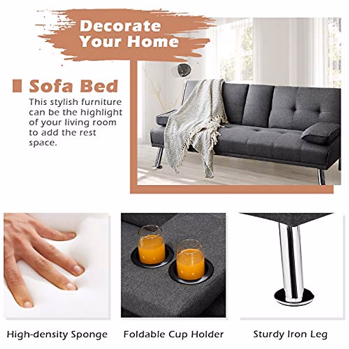 POWERSTONE Futon Sofa Bed Convertible Folding Sleeper Sofa with 2 Cup Holders Metal Legs Adjustable Pillows Recliner Modern Linen Living Room Couch (Grey)