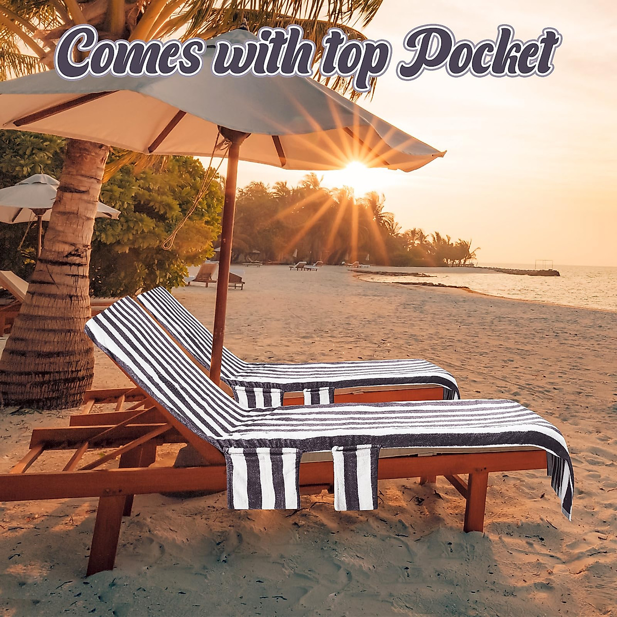 SmoothNovelty 6 Pcs Pool Chair Covers 30 x 85 Inch Large Lounge Chair Cushion Covers with Top and Side Pocket Stripe Beach Chair Towels for Summer Outdoor Indoor Pool Beach Patio Furniture(Gray)