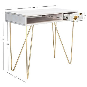 Safavieh Home Office Collection Raveena White Wash and Brass 1-Drawer Hairpin Leg Desk, 0
