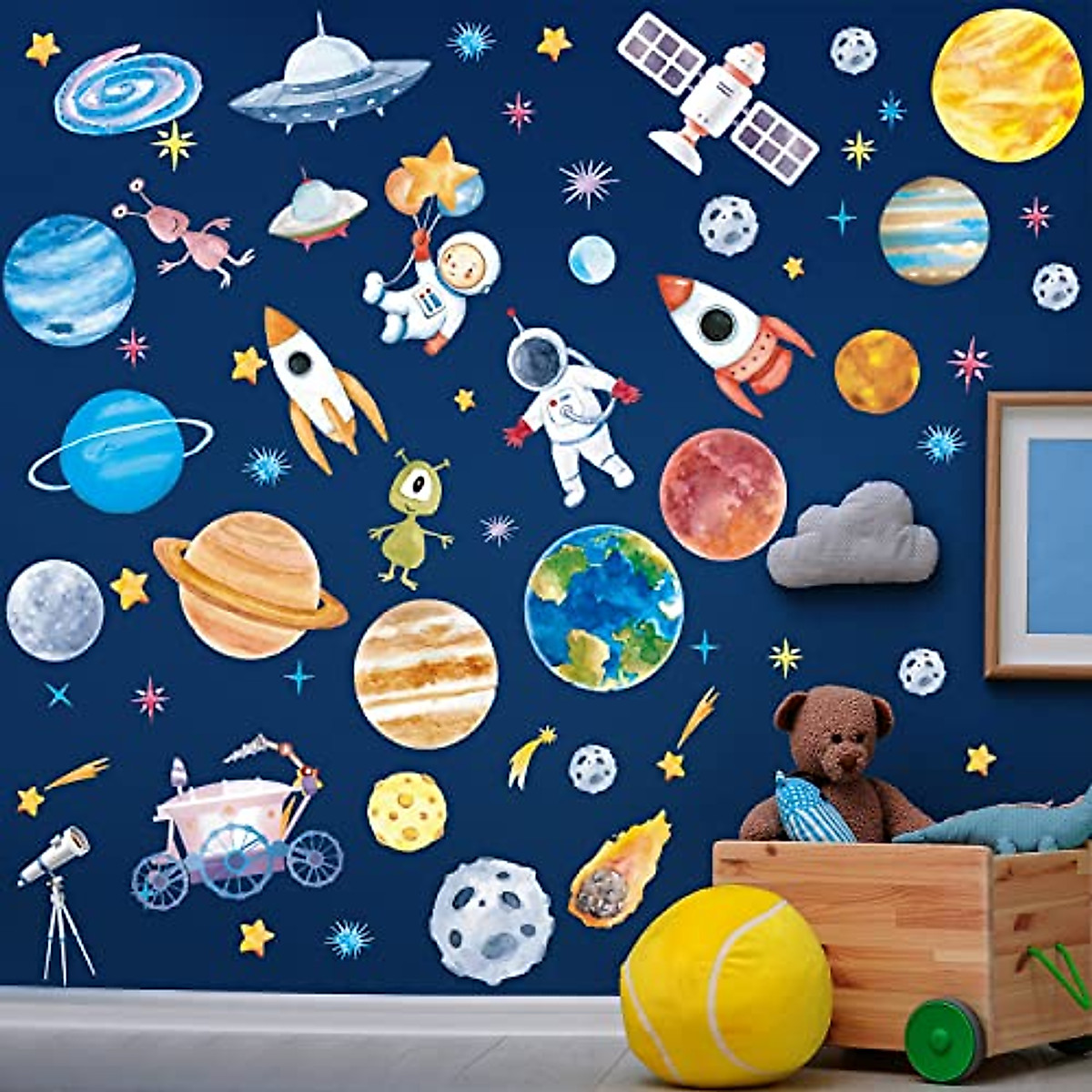 6 Sheets Space Astronaut Spacecraft Wall Decal Space Planet Wall Sticker Solar System Wall Decals Galaxy Astronaut Rocket Alien Wall Mural for Boys Kids Classroom Nursery Bedroom Home Decoration
