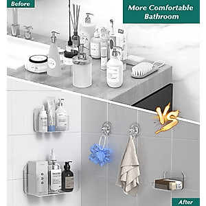 JNDETOP Shower Shelves, 5 Pack Adhesive Clear Acrylic Bathroom Shower Organizer Caddy, Transparent No Drilling Wall Mount Shower Storage with Soap Holder and Hooks