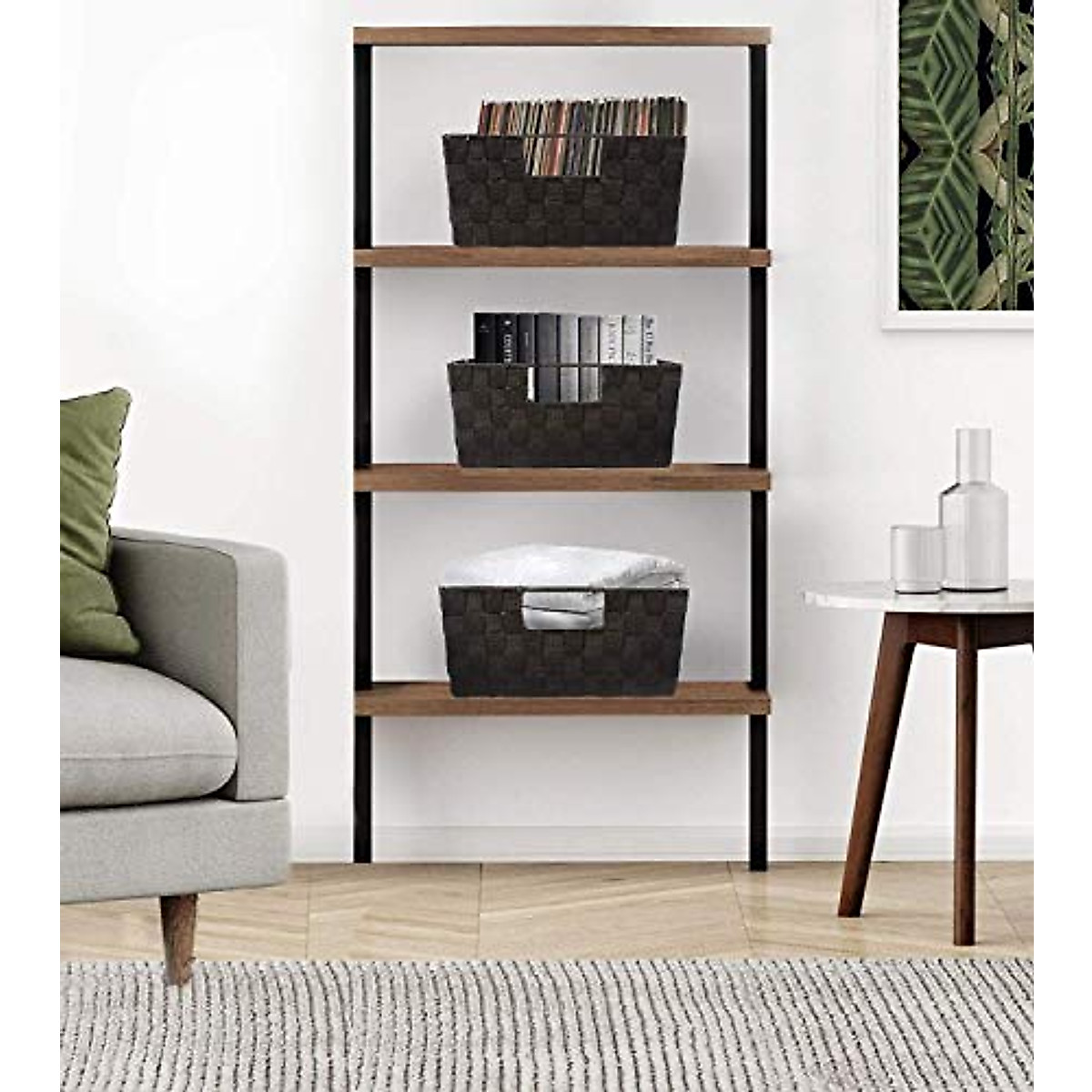 Sorbus Woven Basket Bin Set - Shelf Storage Tote Baskets for Household Items - Stackable with Woven Straps & Built-in Carry Handles (Black)