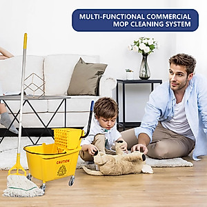 35Qt. Side-Press Mop Bucket and Wringer Combo on Wheels, Yellow, for Floor Cleaning/Wet Mopping,Including One Commercial Mop and Wet Floor Caution Sign (24inch)