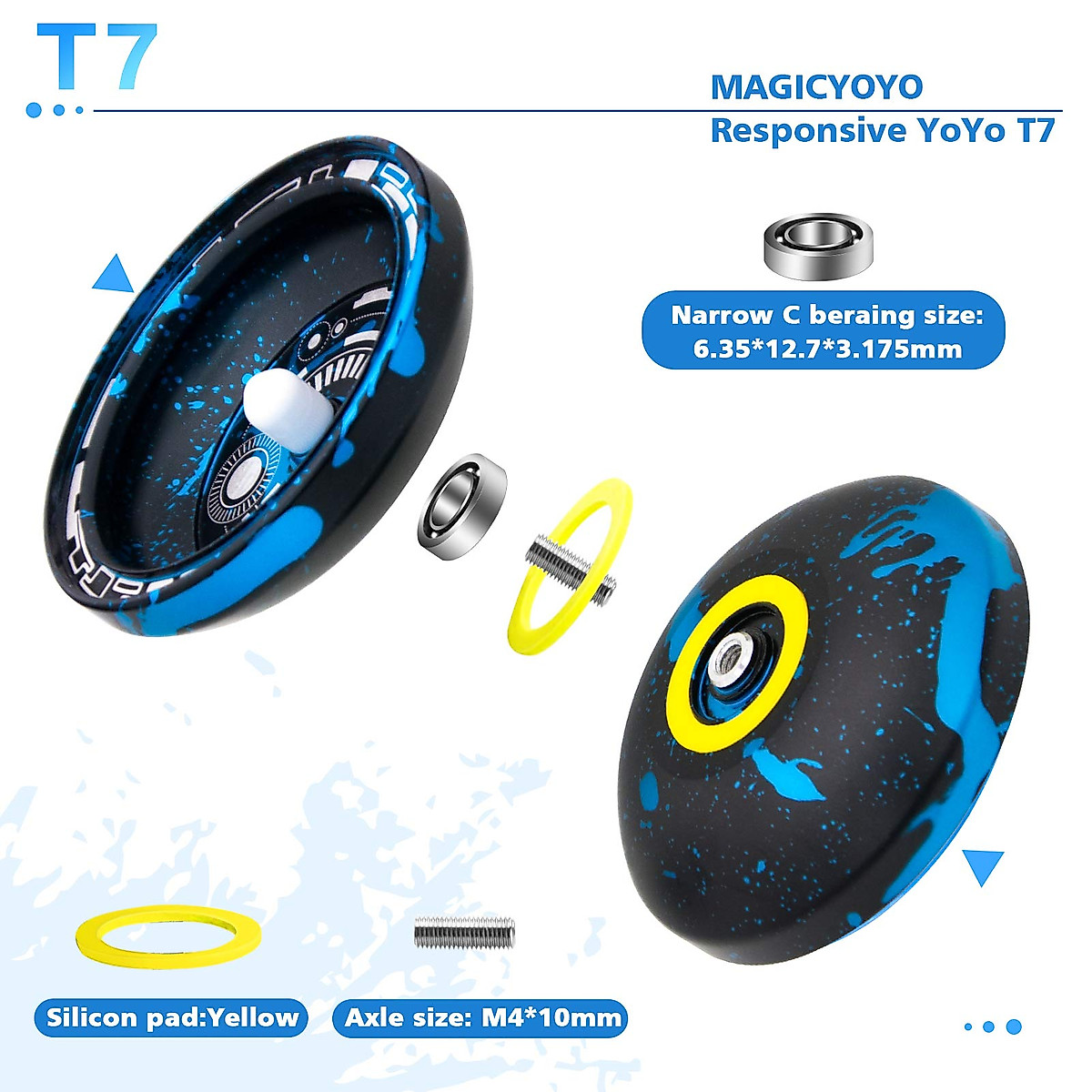 Responsive Yoyo for Kids , Aluminum Metal Beginner Yoyos with Narrow C Yoyo Bearing and Extra 5 Yoyo Strings + Yoyo Bag+ Yoyo Glove (Yoyo T7 Black&Blue)