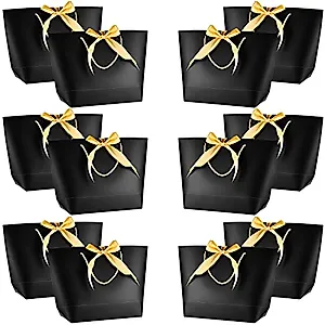 12 Pcs Large Gift Bags with Handles, 14 x 10 x 4 inches Party Favor Bag with Bow Ribbon Bridesmaid Gift Bag Wedding Welcome Bag Gift Bags for Wedding Party Birthday Holiday Celebrations(Black)