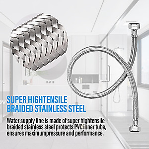 [4-Pack 12 Inch] 1/2" x 1/2" FIP Flexiable Faucet Supply Lines, Bathroom Faucet Hose Connector, 304 Stainless Steel Braided Water Supply Line for Kitchen