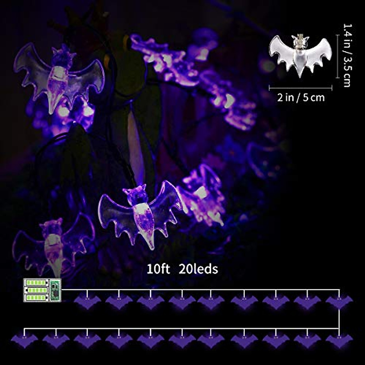 Kandice Halloween Light String, Eight Modes&Remote Control Function Outdoor Halloween bat Lights, Battery-Powered IP65 Waterproof Bat String Lights, Perfect for Decorating Indoors or Outdoors